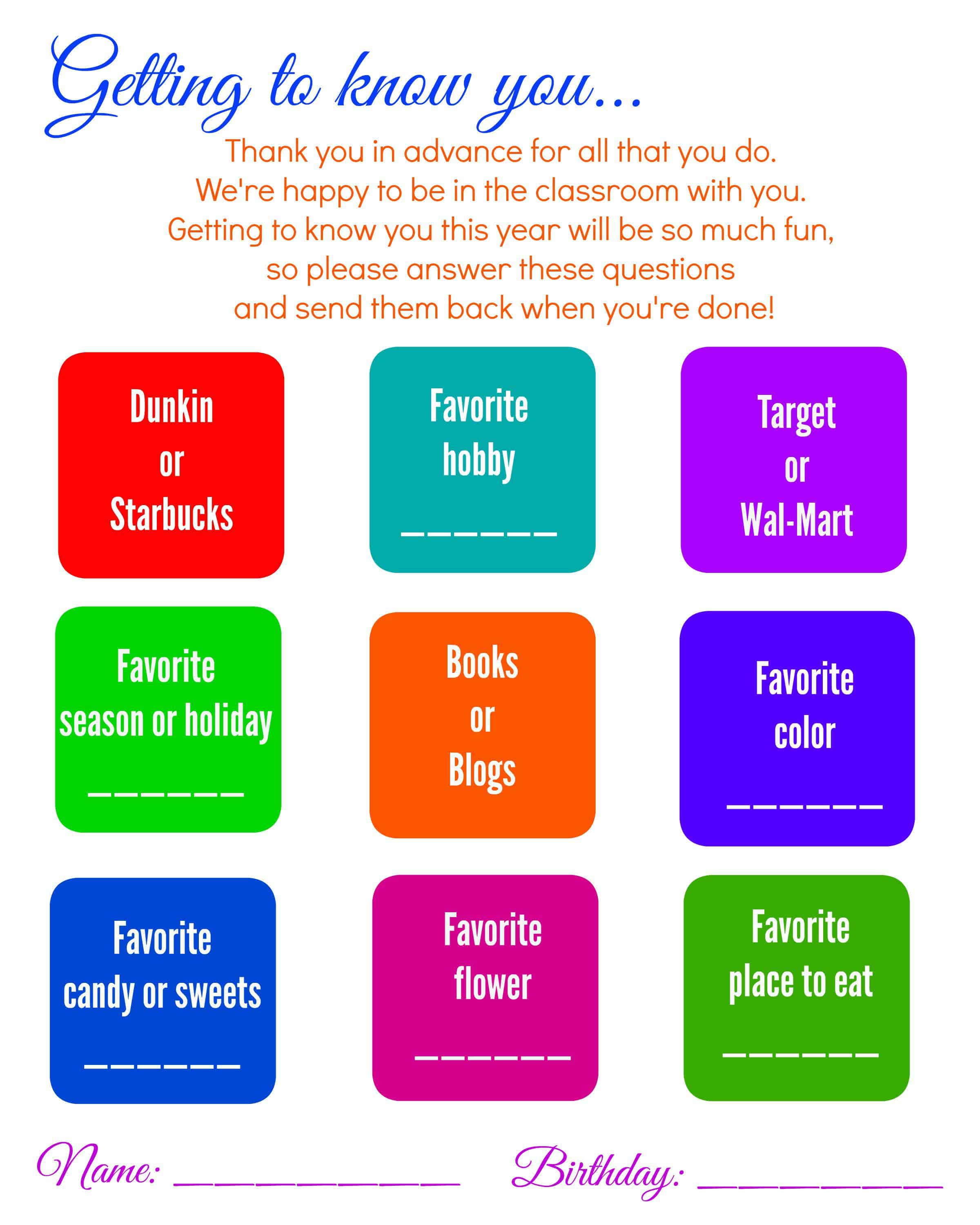 Getting to Know you Teacher Questionnaire - Suburban Wife, City Life